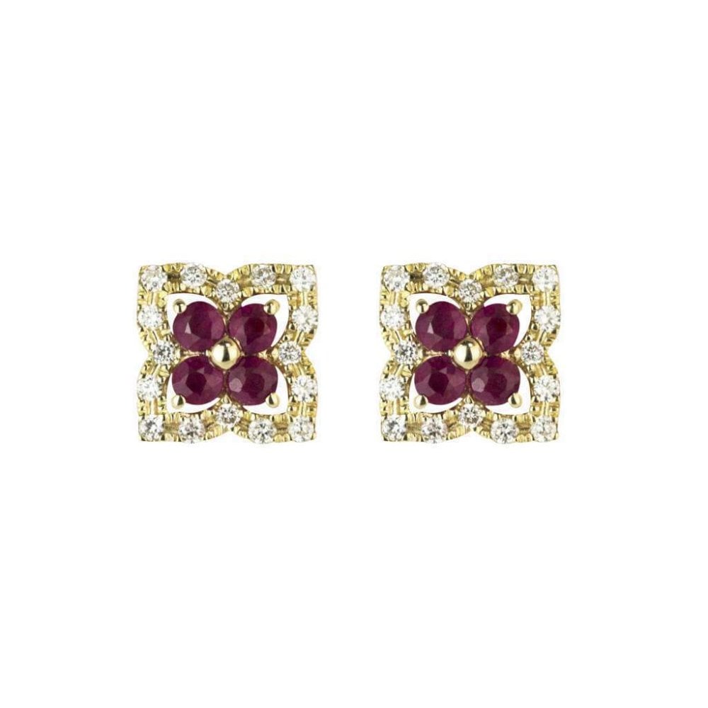9ct Yellow Gold Diamond and Ruby Flower Stud Earrings