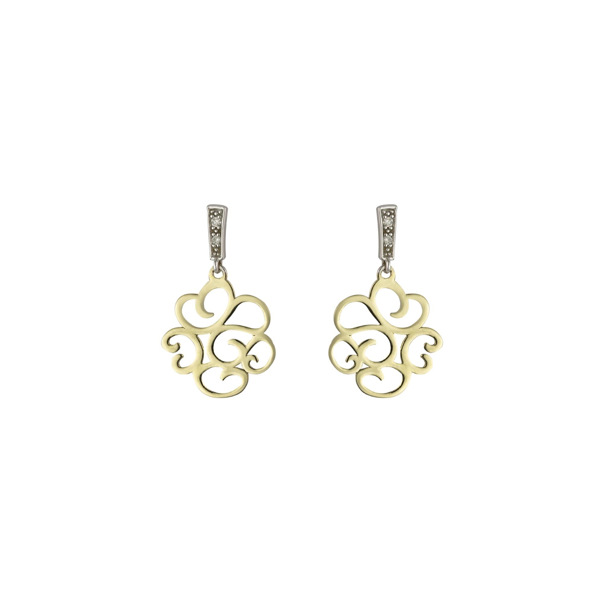 14ct Yellow & White Gold Diamond Scroll Drop Earrings