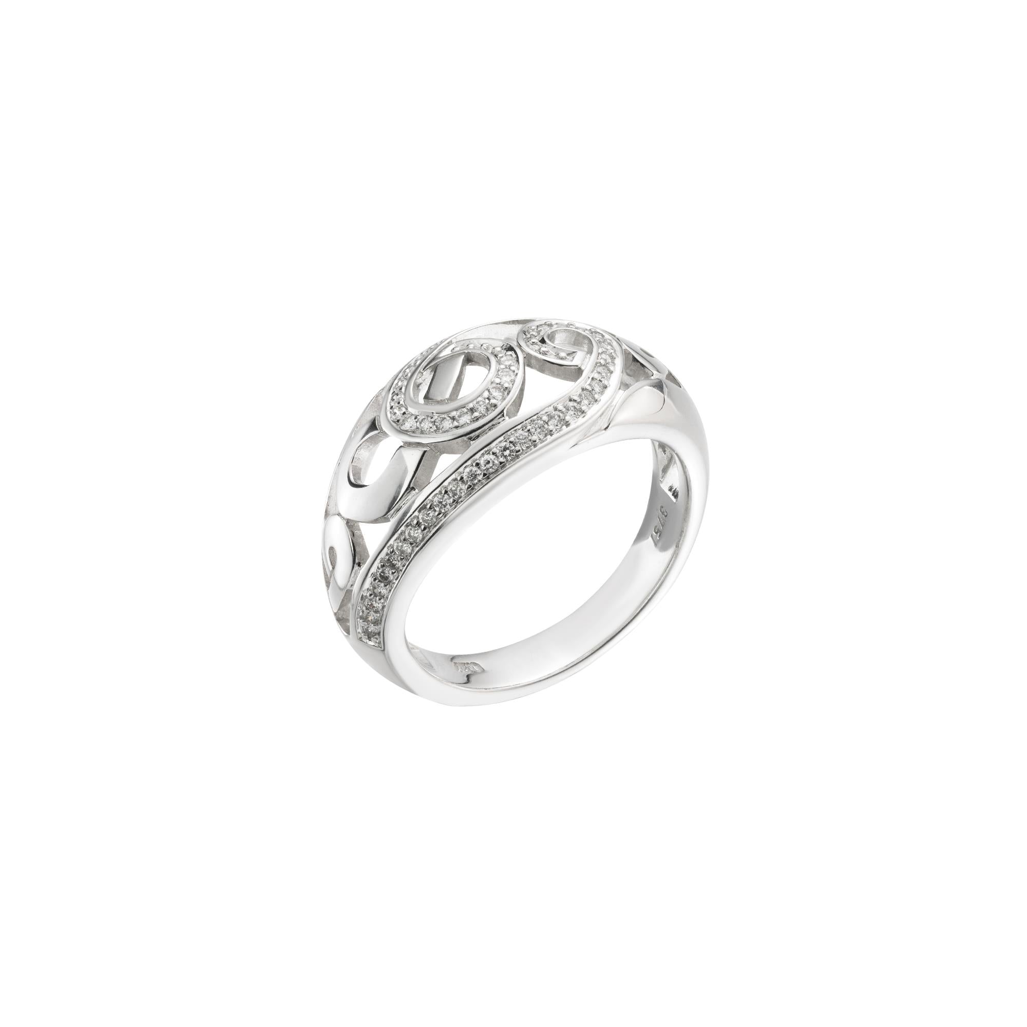 9ct White Gold Diamond Set Open Filigree Broad Ring