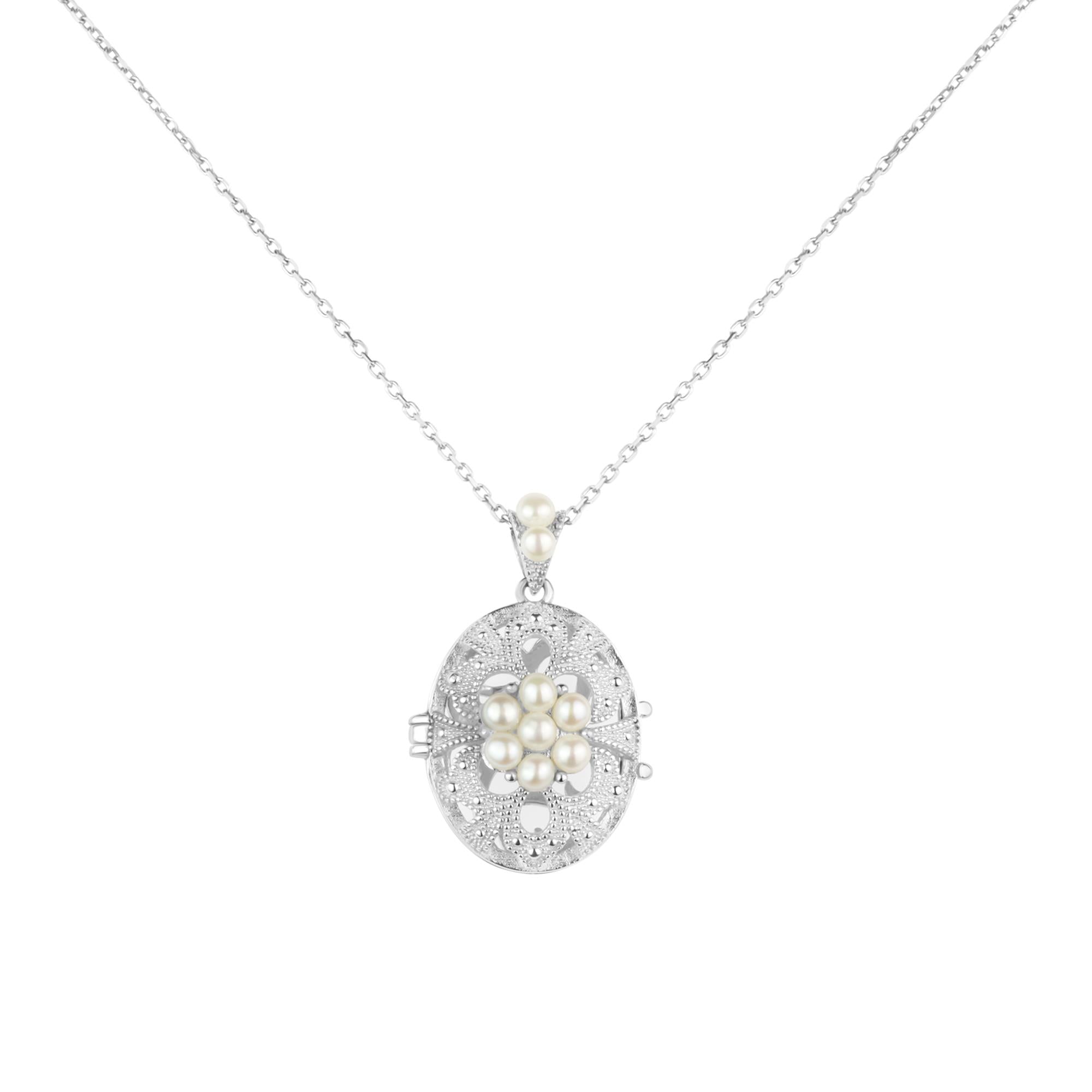 Silver & Seed Pearl Locket with Chain