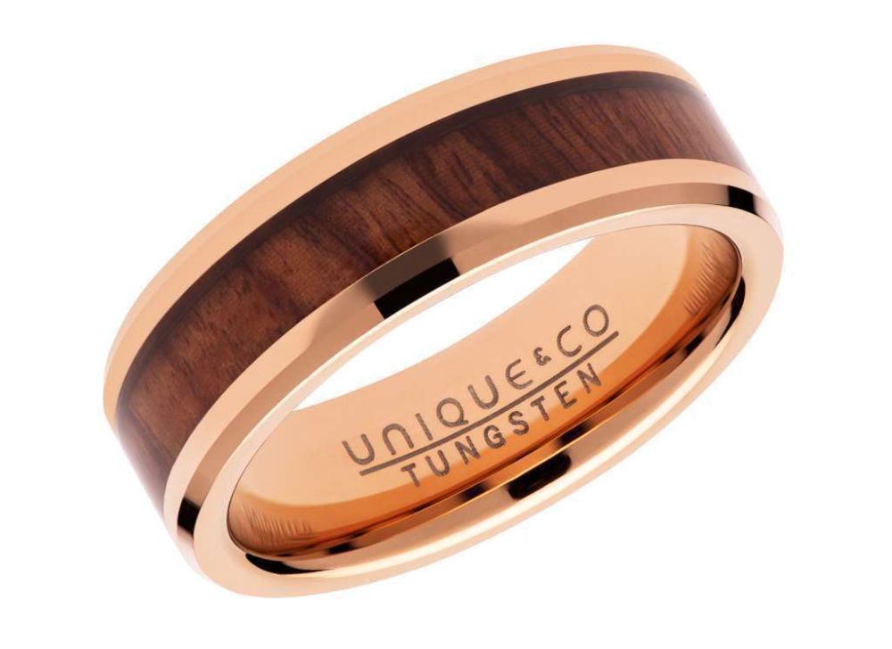 Tungsten Carbide Rose IP Plated Ring With a Wood Inlay