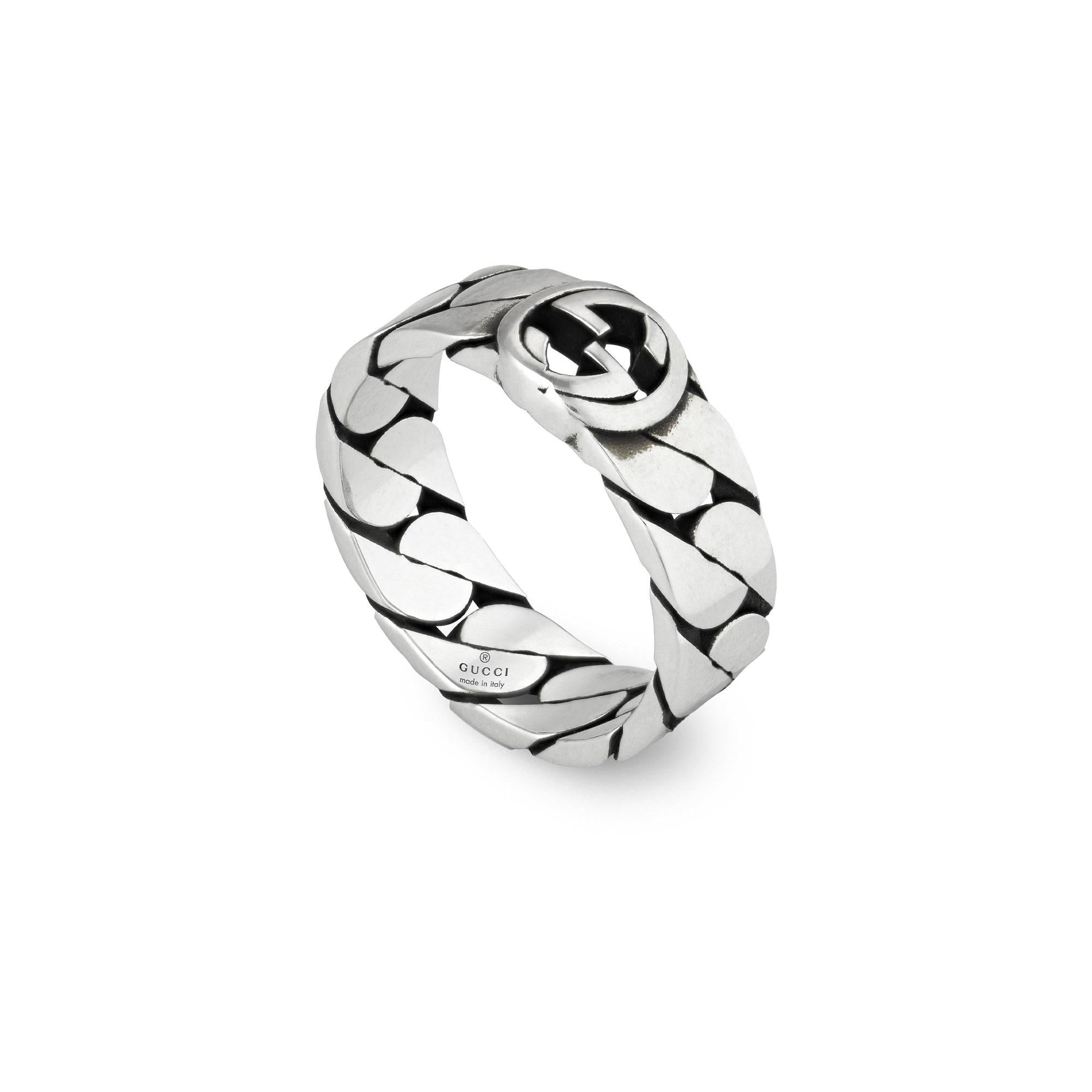 Gucci Interlocking Silver Gourmette 6mm Ring - Size 20