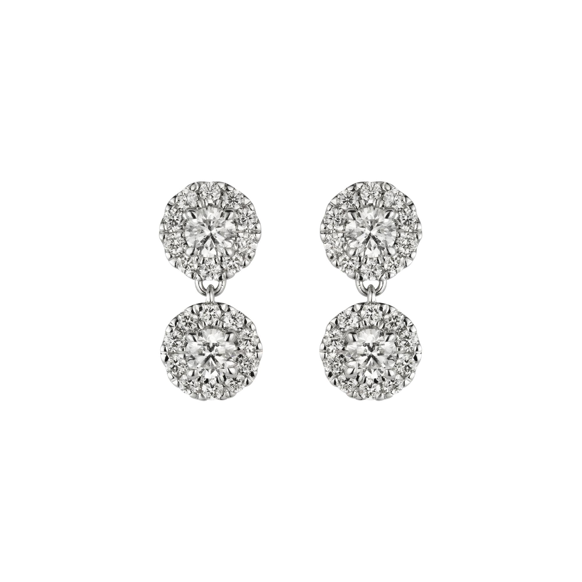18ct White Gold Diamond Double Halo Cluster Drop Earrings