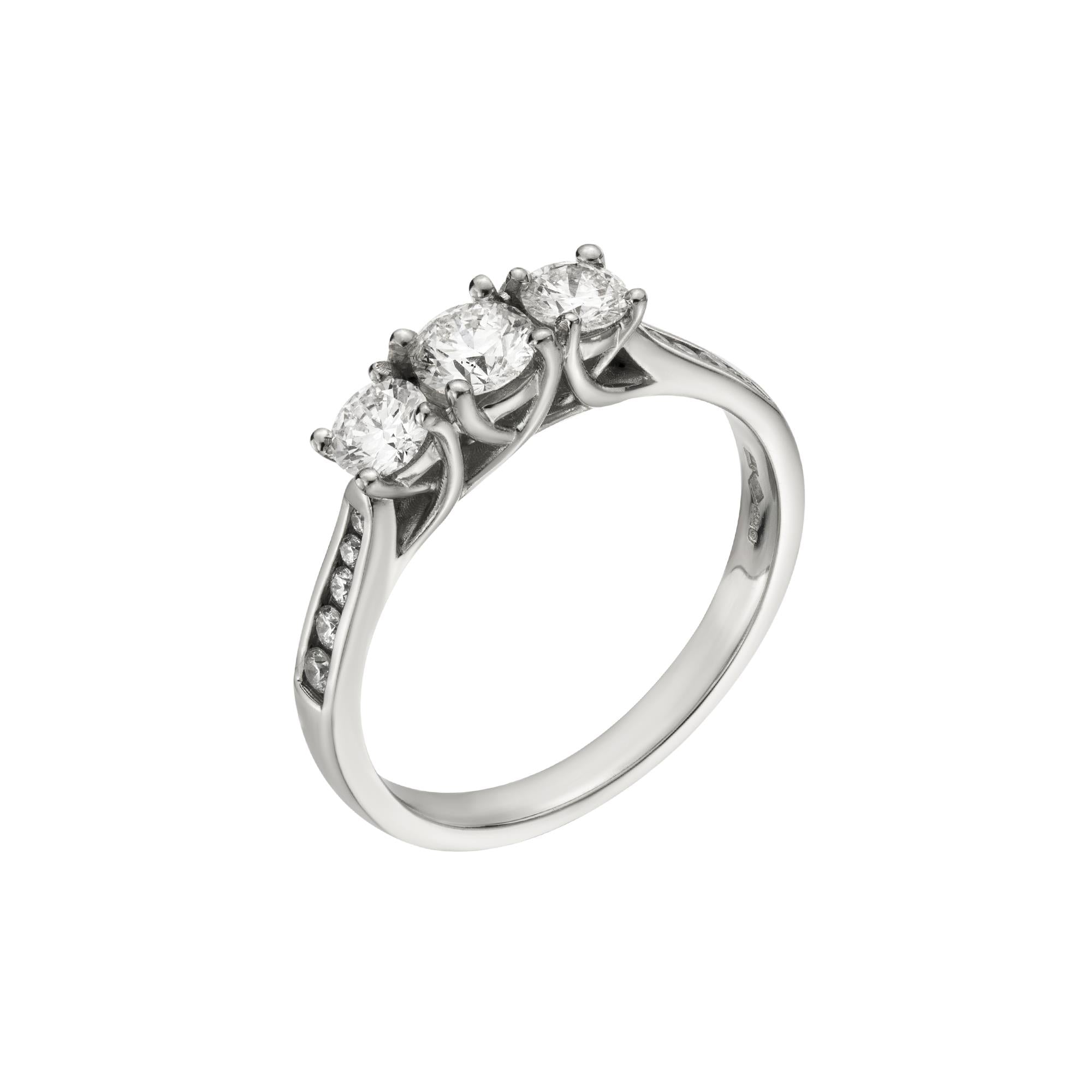Platinum Round Cut Diamond Three Stone Ring, 0.79ct