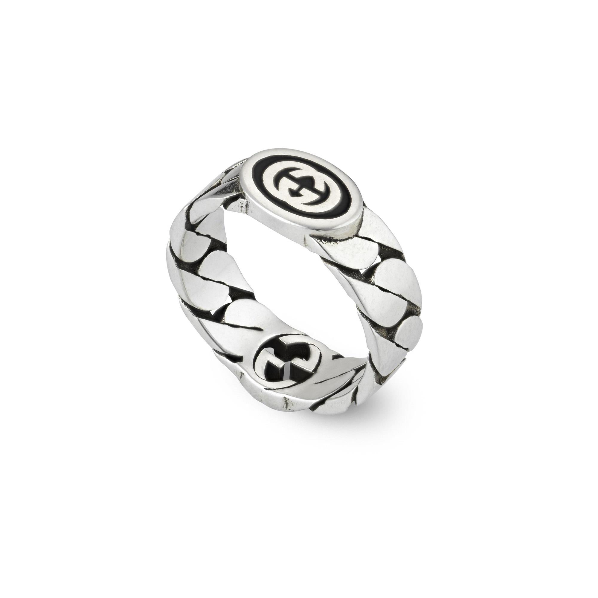 Gucci Interlocking Silver & Black Enamel Gourmette 6mm Ring - Size 12