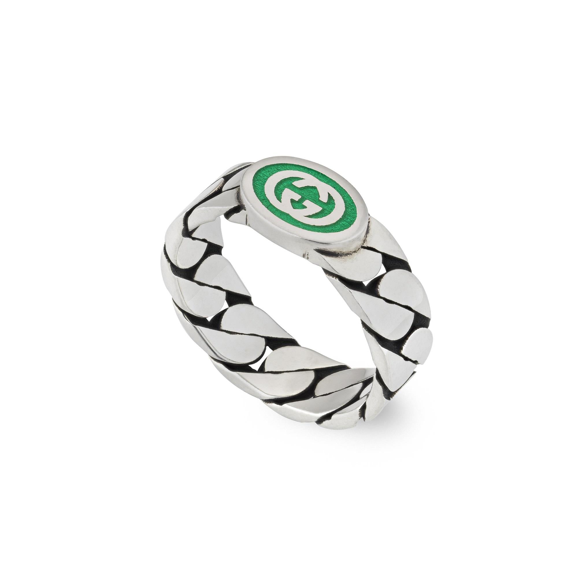 Gucci Interlocking Silver & Green Enamel Gourmette 6mm Ring - Size 15
