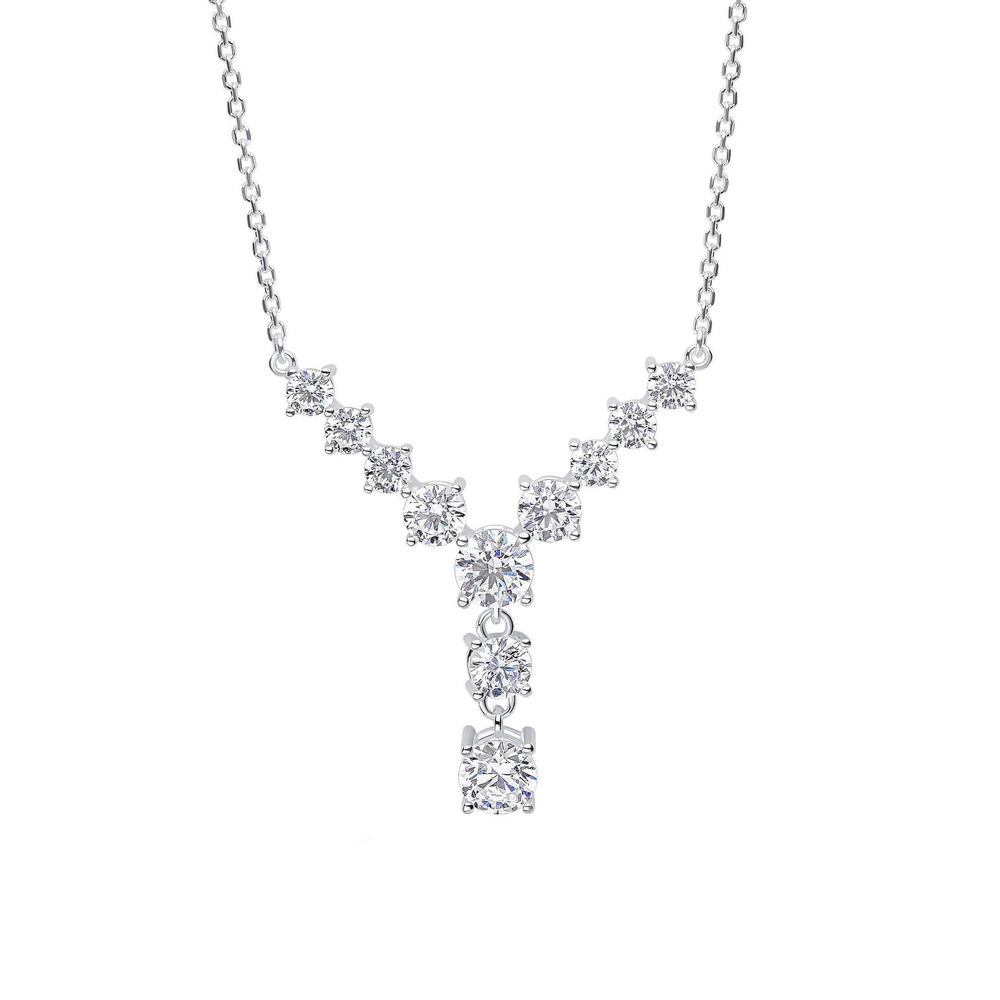 Silver Cubic Zirconia Graduated Drop Necklace