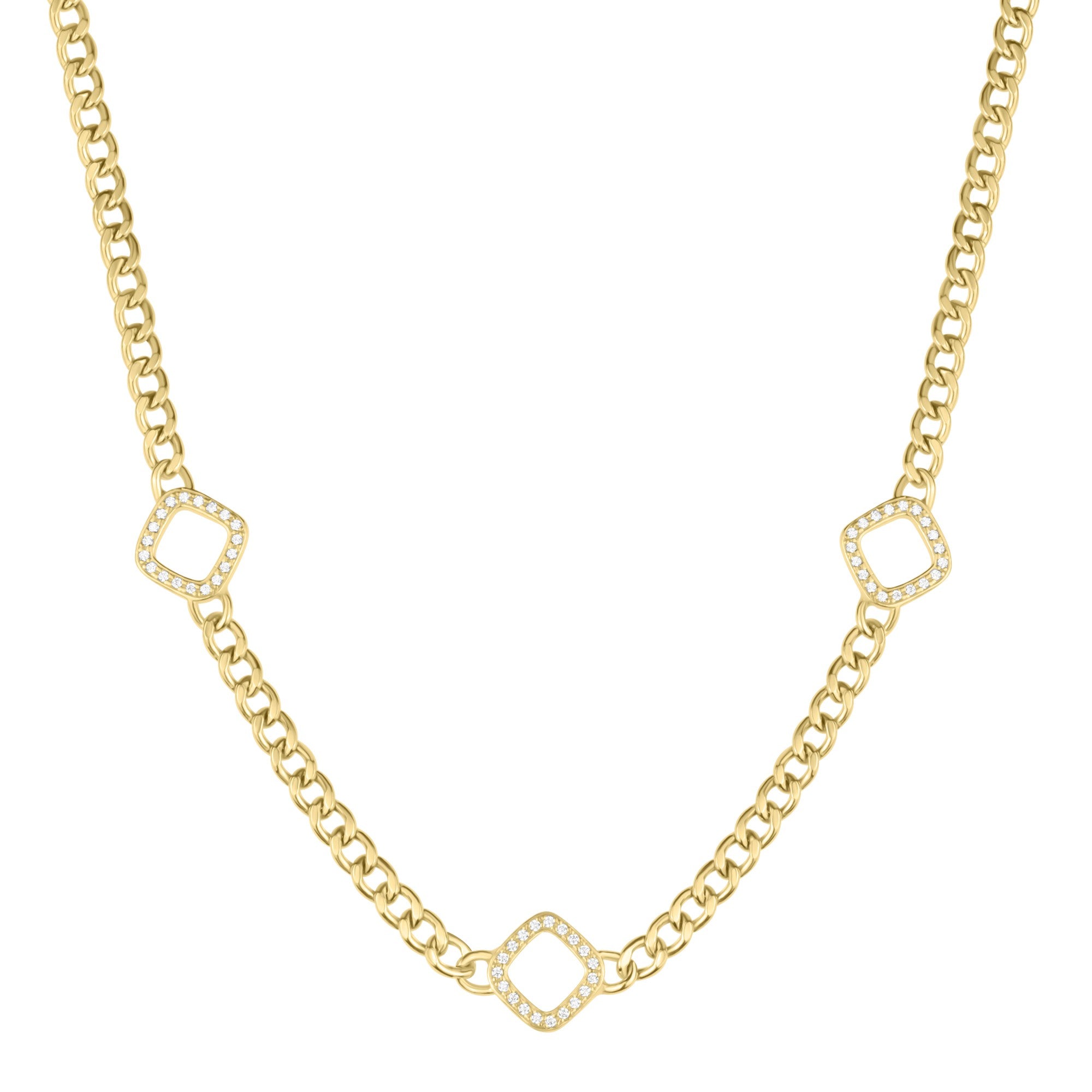 Silver Gold Plated Curb Link & Open Square Cubic Zircona set Necklet