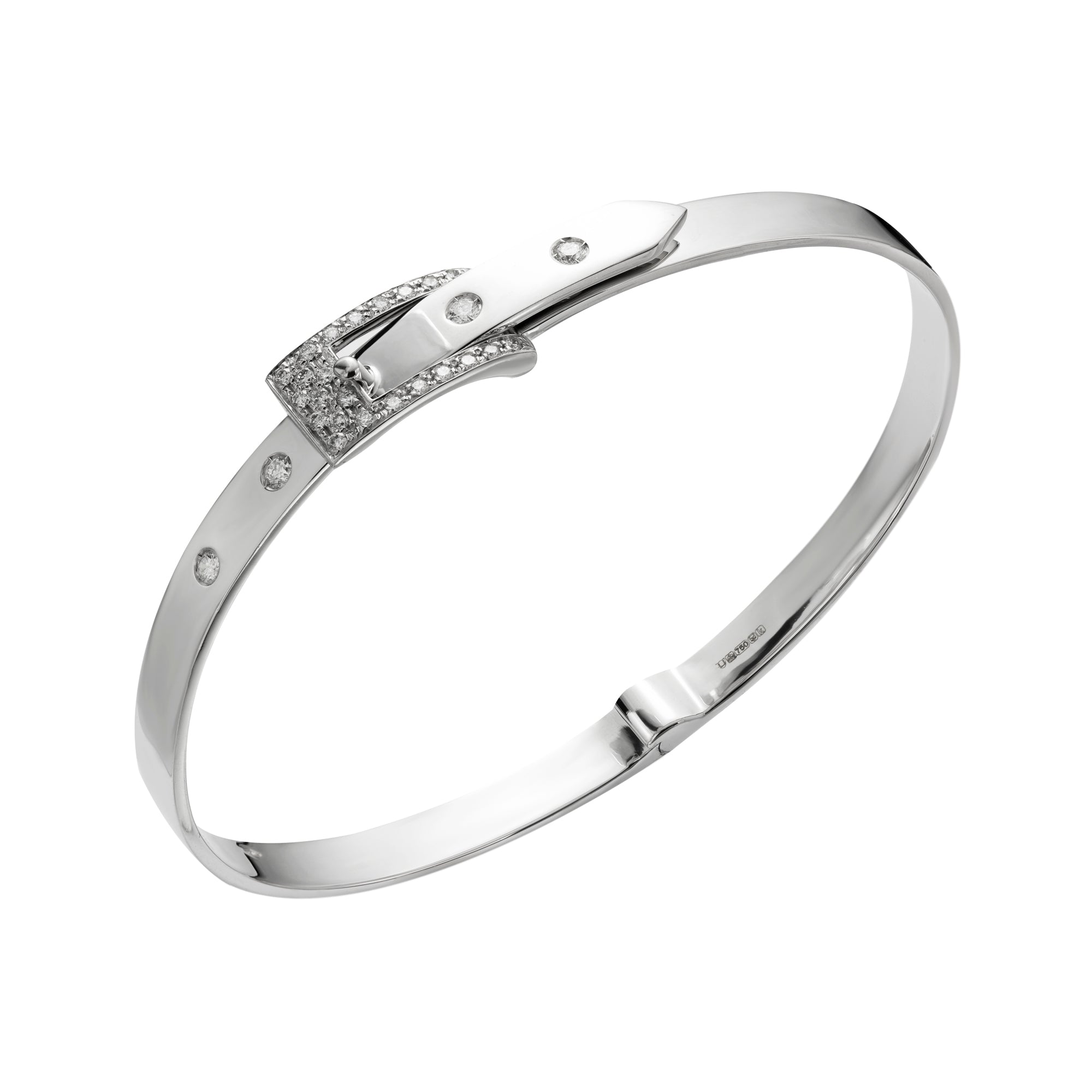 18ct White Gold Diamond Rub Over & Grain Set Buckle Bangle