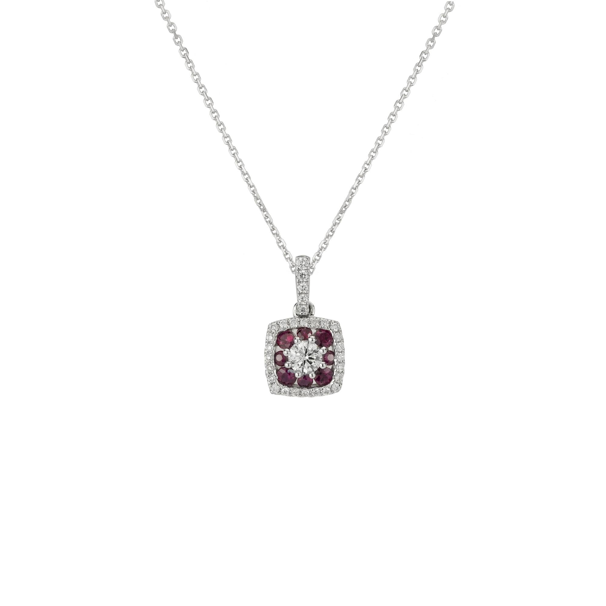 18ct White Gold Diamond & Ruby Square Pendant