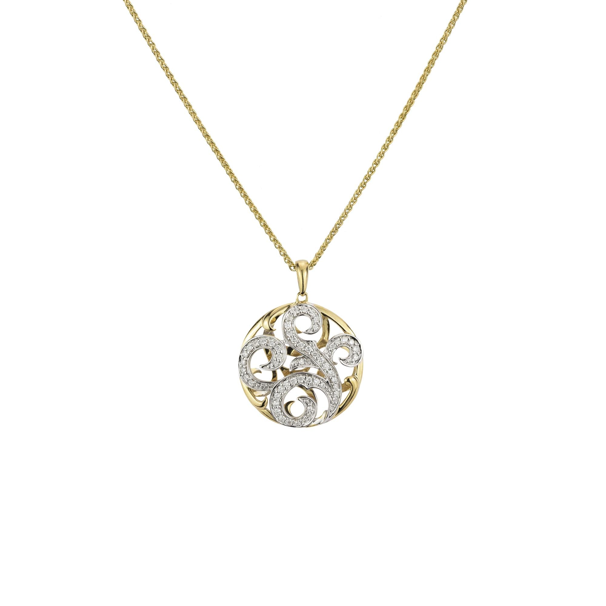 18ct Yellow & White Gold Diamond Swirl Design Open Circle Pendant
