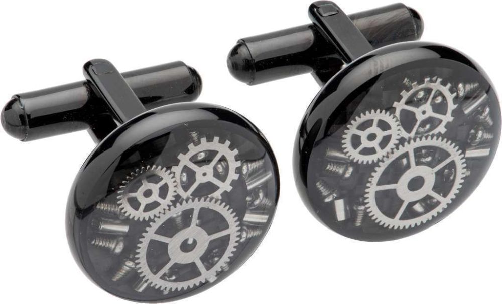 Steel & Black Fibre Wheel Cufflinks
