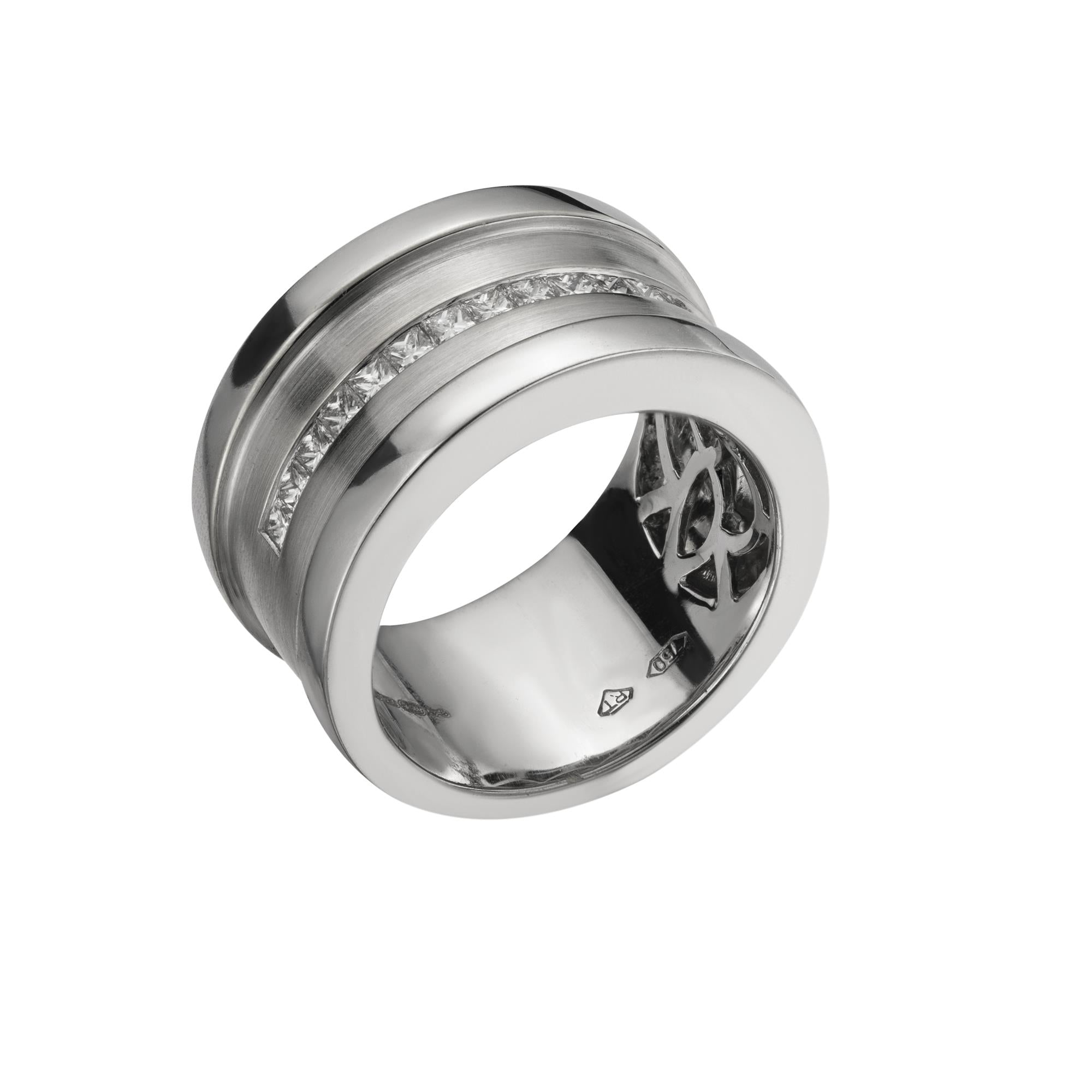 18ct White Gold Satin Polished Diamond Broad Band Ring