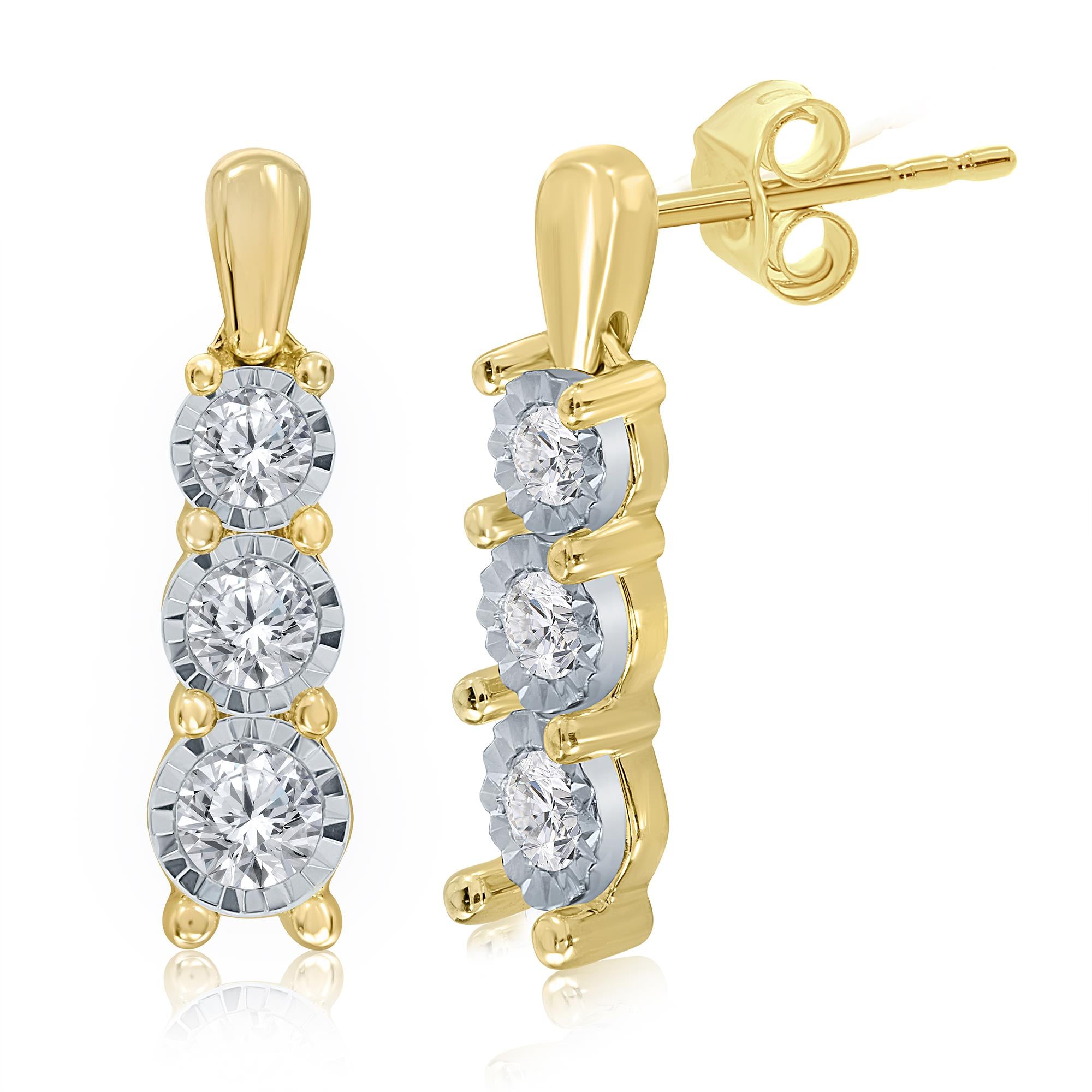 9ct Yellow Gold Illusion Set Three Stone Diamond Drop Earrings