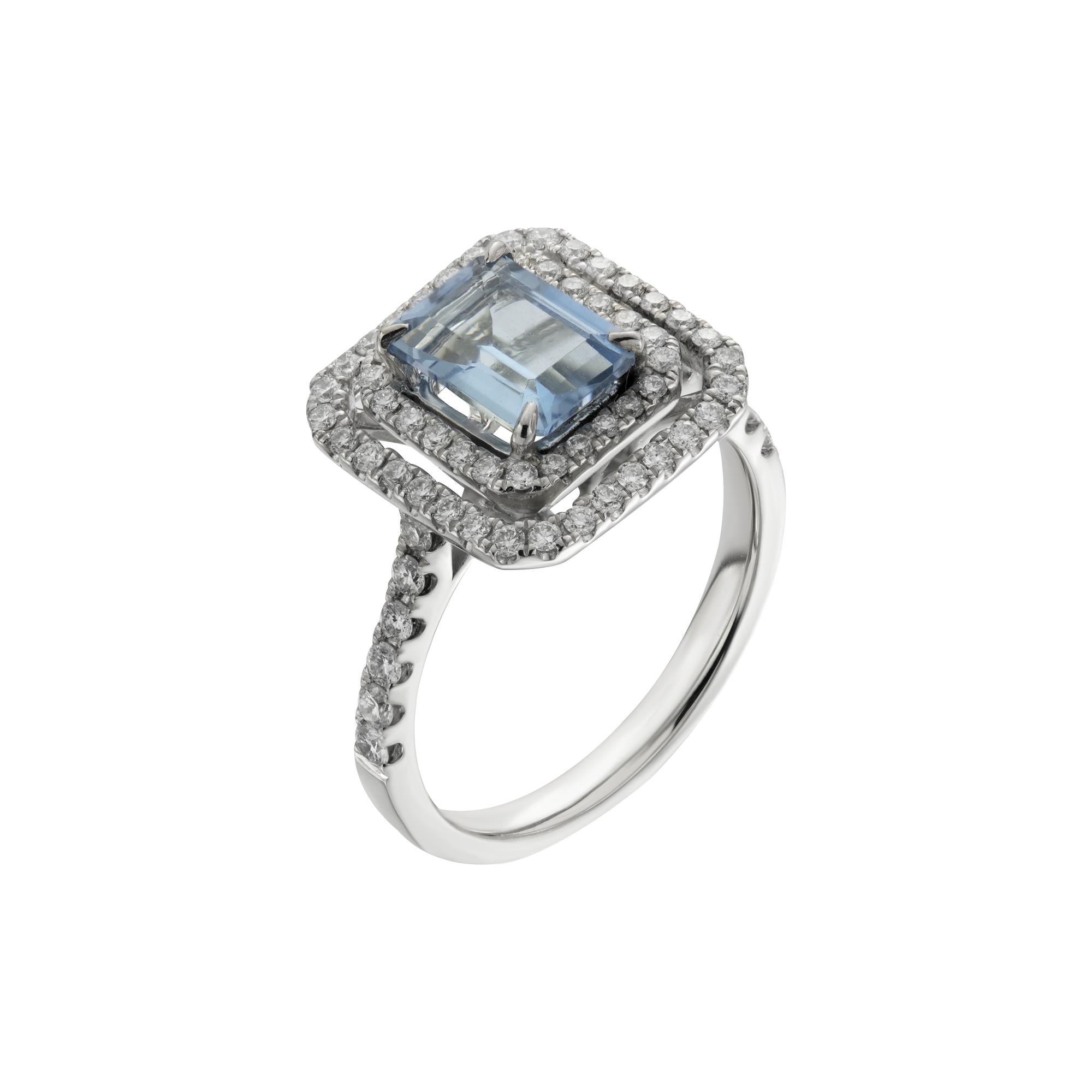 Platinum Rectangular Aquamarine Halo Ring