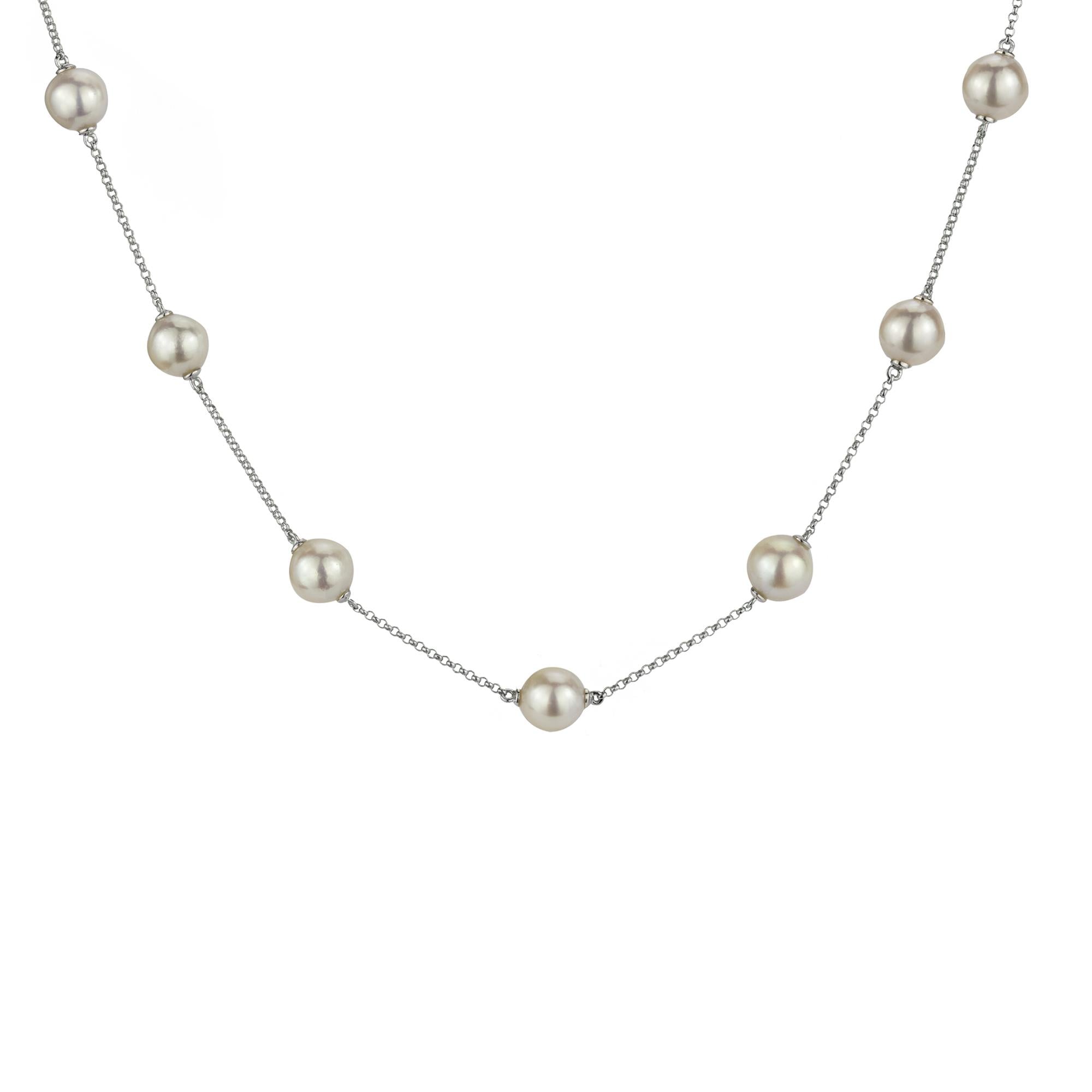 9ct White Gold Akoya Cultured Pearl & Trace Chain Link Necklace