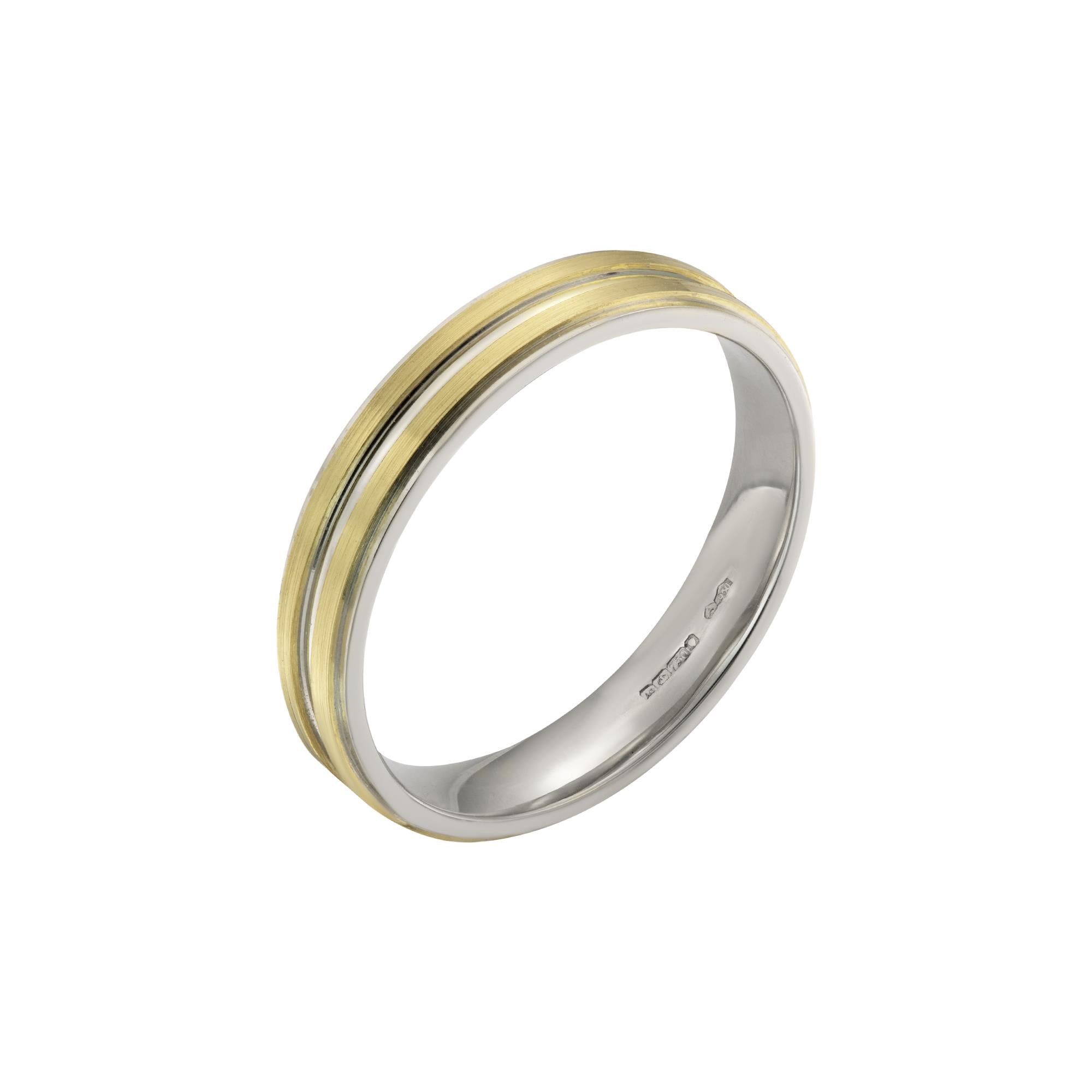 18ct Yellow & Platinum Satin Finished Lined Court Wedding Band