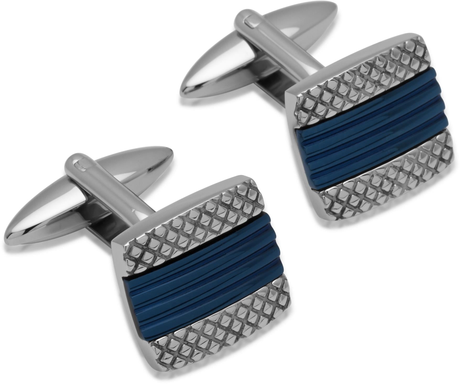 Stainless Steel Patterned Cufflinks with Blue Stripe IP Plating
