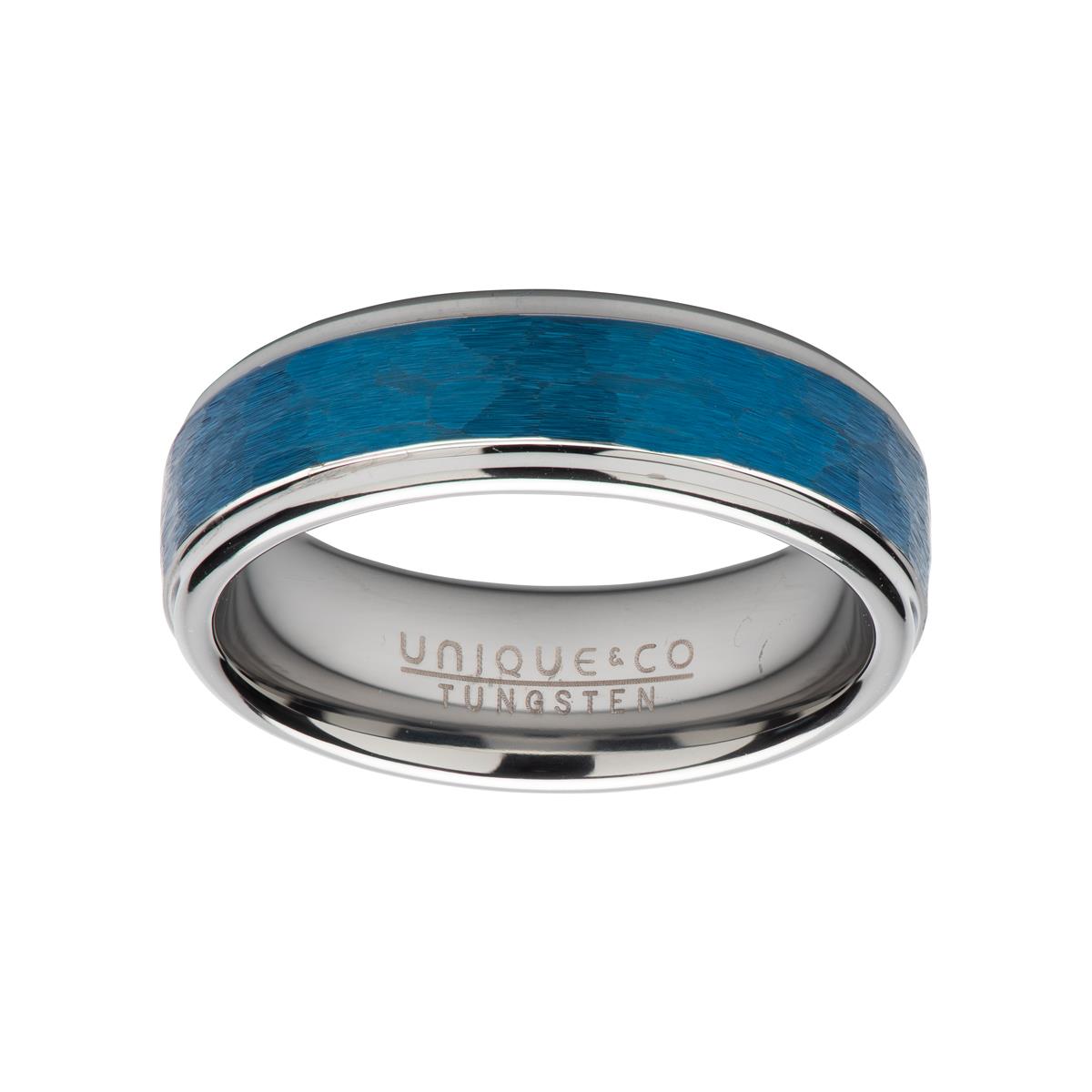 Tungsten Carbide Blue IP Plating Hammered Ring