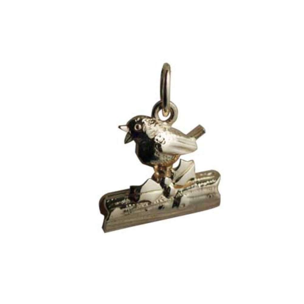 9ct Yellow Gold Robin On a Log Charm