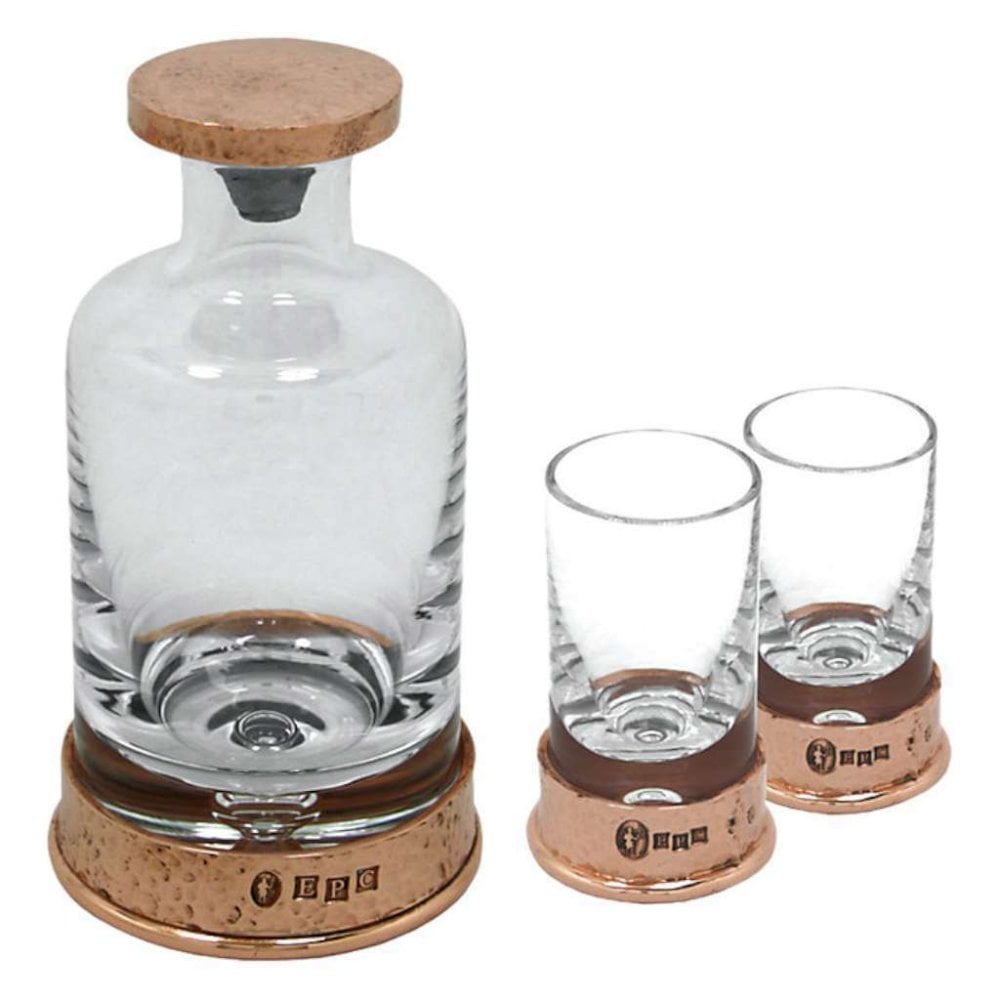 Vintage Pewter With Copper Plating Glass Decanter & Shot Glasses